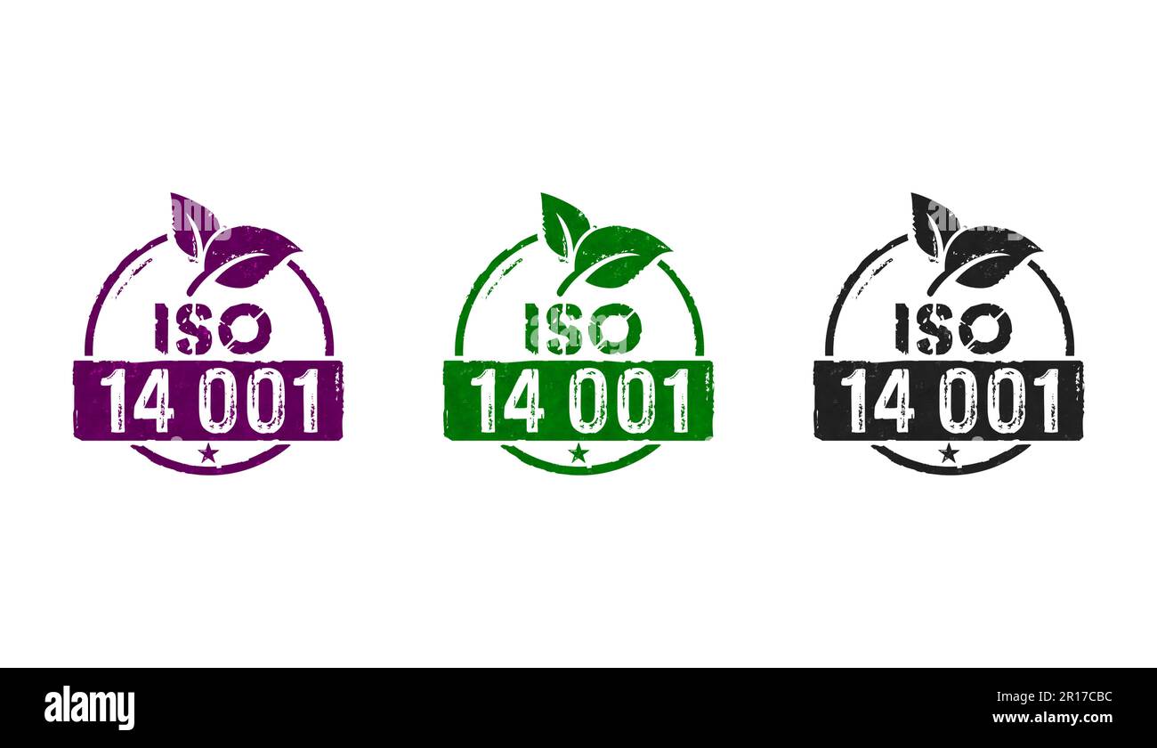 ISO 14001 certified stamp icons in few color versions. Environment ...
