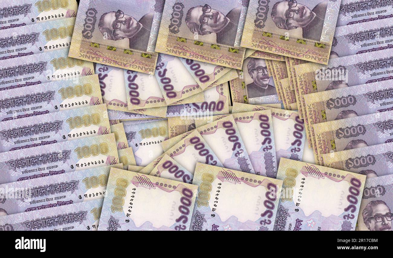 Bangladeshi Taka banknotes in a cash fan mosaic pattern. Bangladesh BDT ...