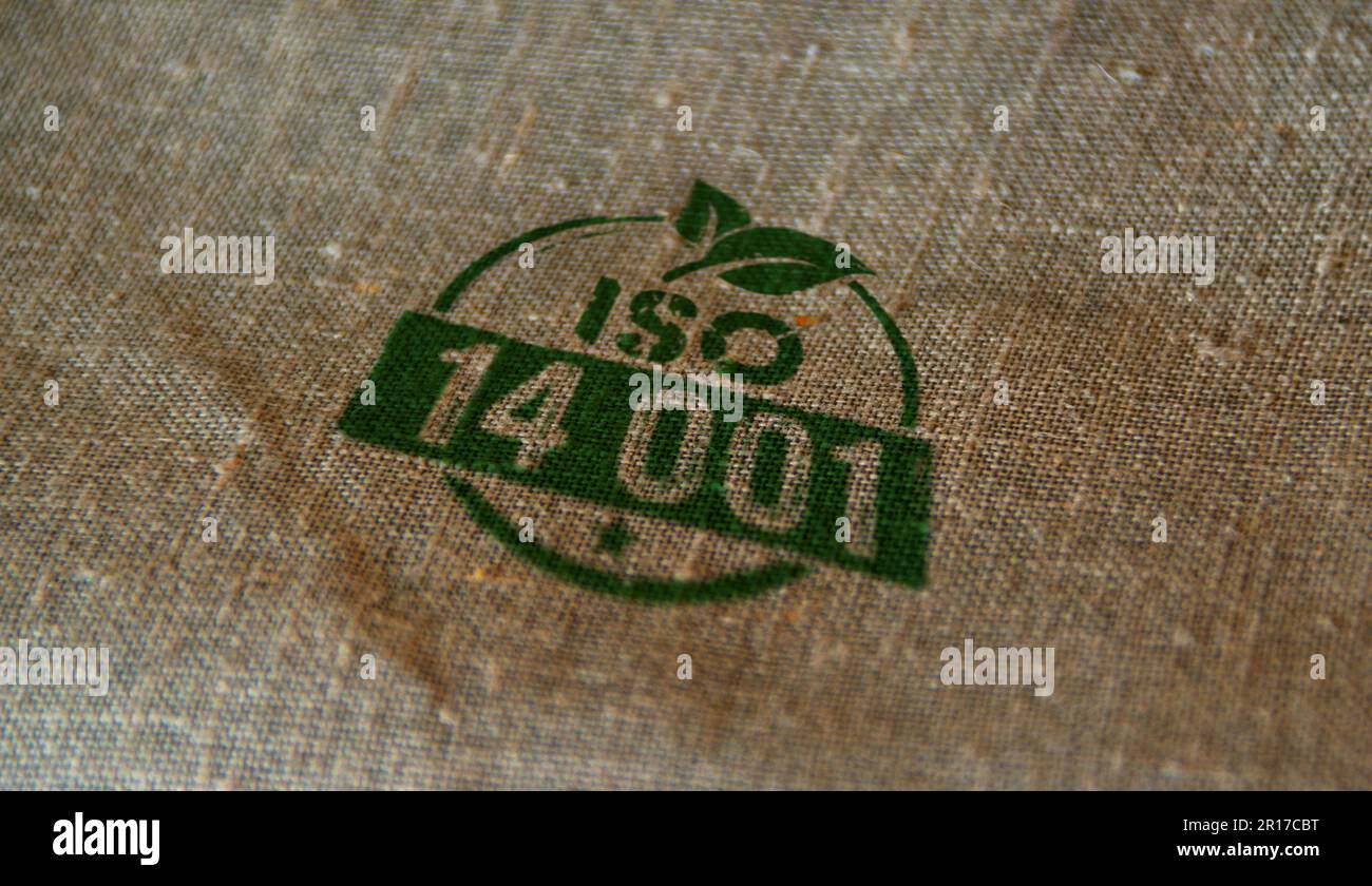 ISO 14001 certified stamp printed on linen sack. Environment ecology ...