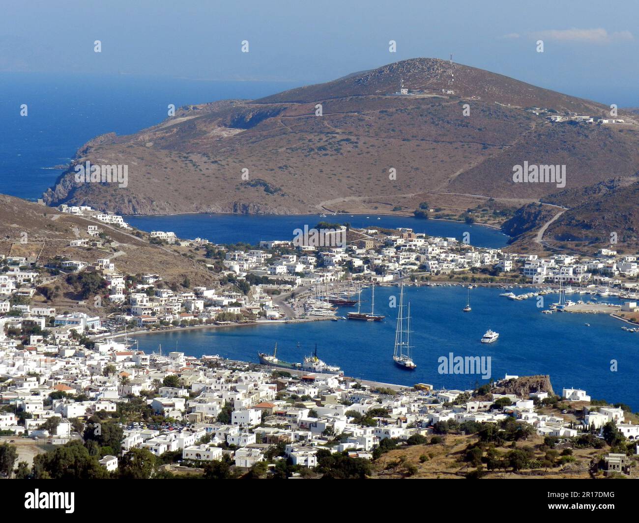 Greece, Island of Patmos: Skala and its harbour from the Monastery of ...
