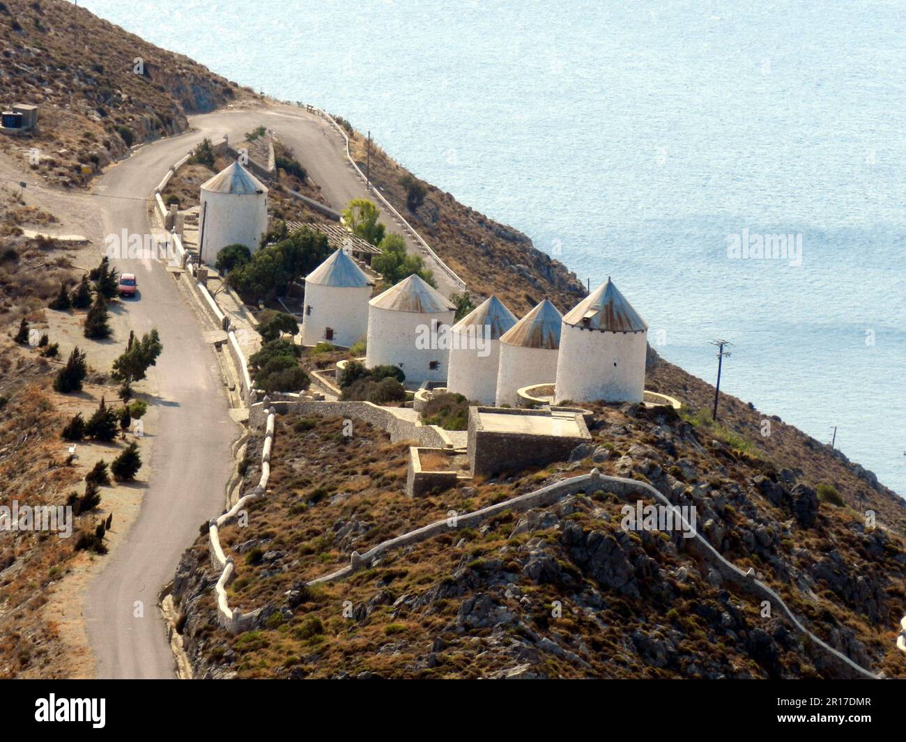 Greece, Island of Leros: preserved windmills on Pandeli Ridge Stock ...