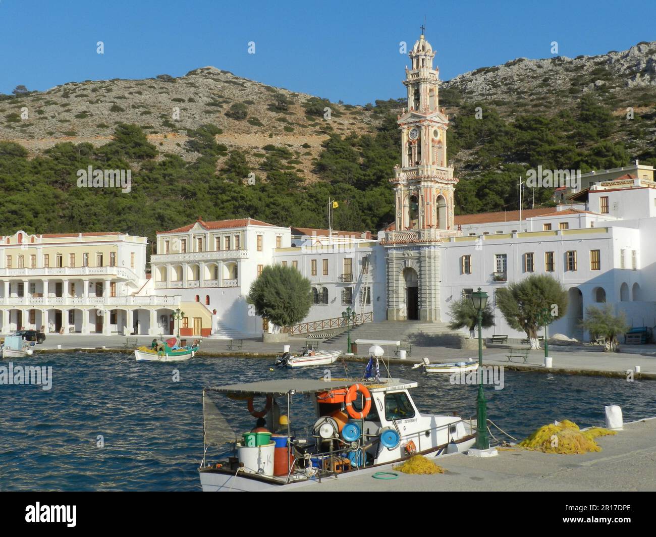 Greece, Island of Symi: Panormitis Monastery and harbour Stock Photo ...