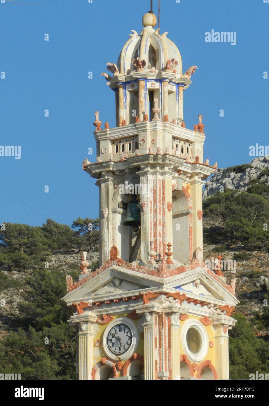 Greece, Island of Symi: the ornate tower of Panormitis Monastery Stock ...