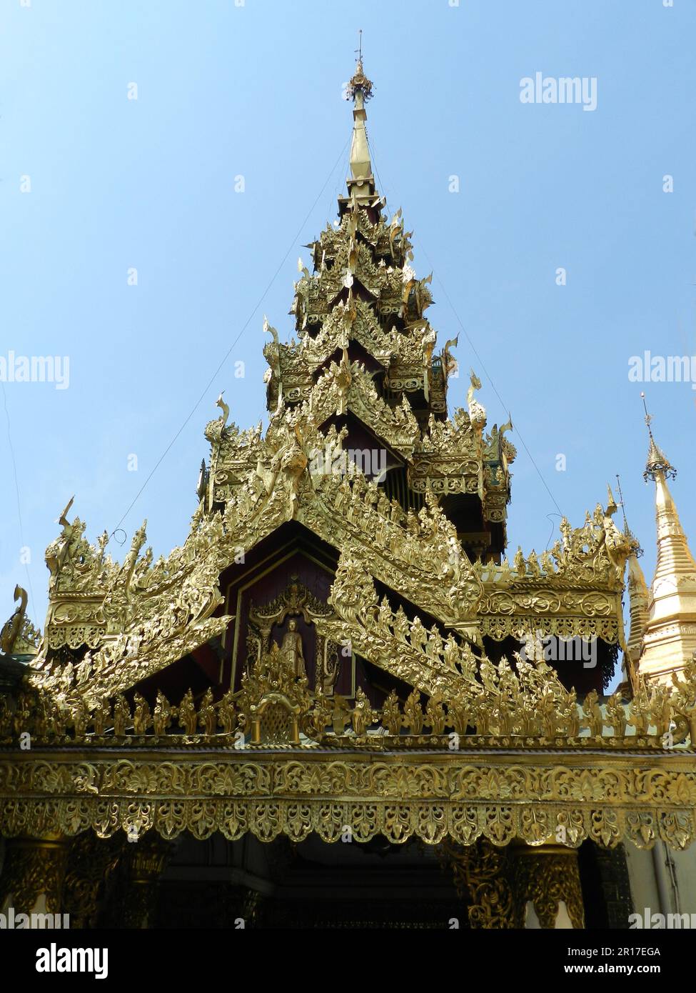 Myanmar, Yangon: gilded carvings of a pavilion on the platform of the ...