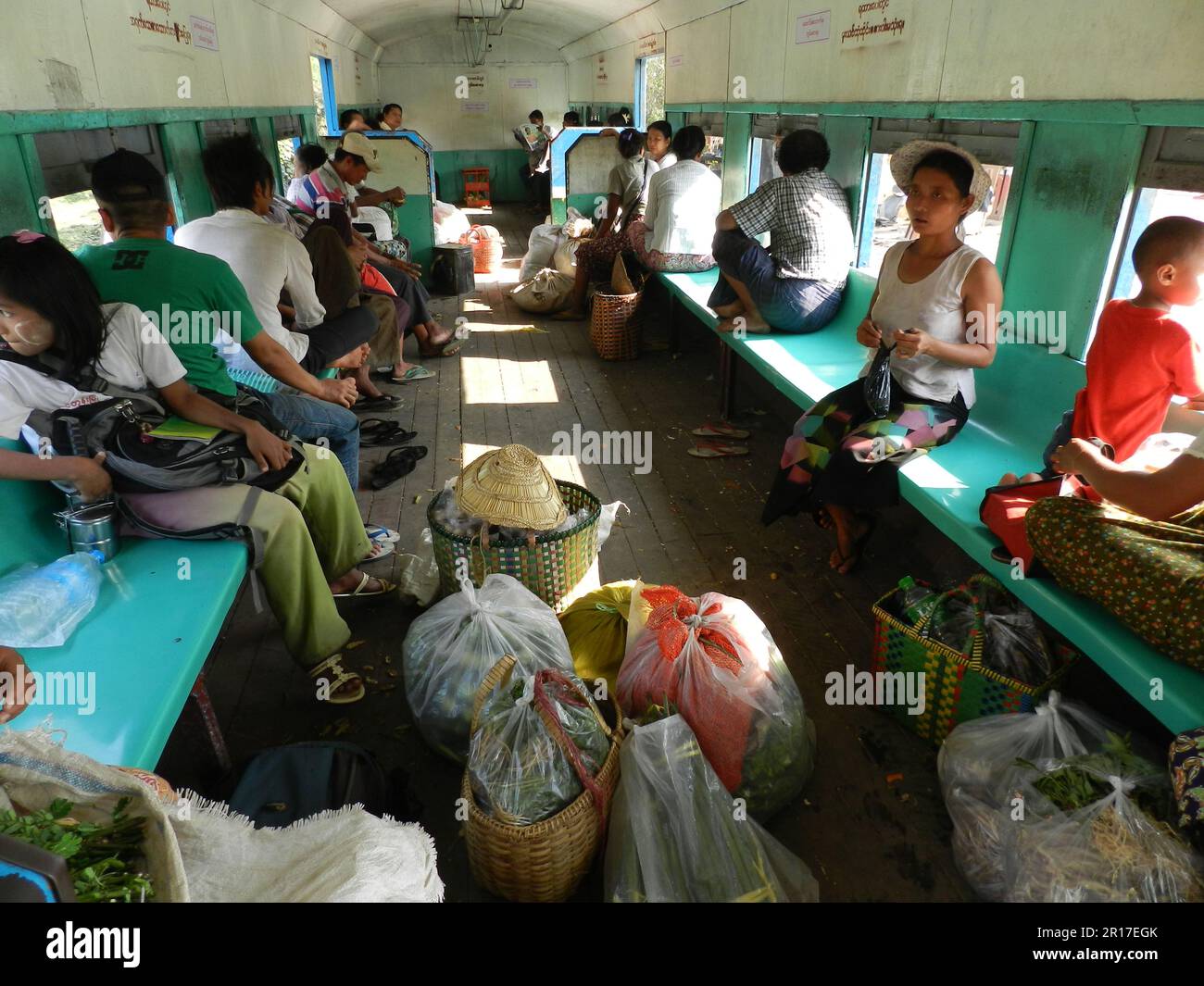 Myanmar, Yangon: inside a carriage of a local train on the city ring ...