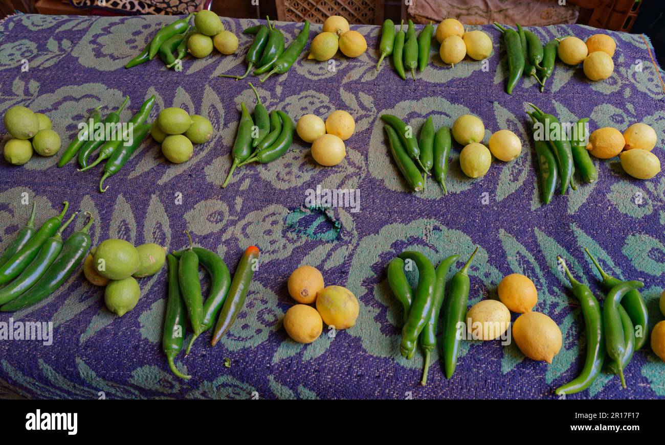 Fresh, colorful vegetables and fruits at a market in the souks of ...