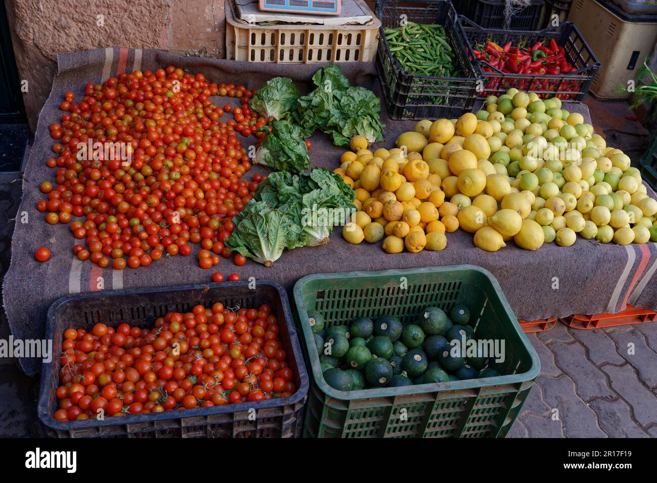 Fresh, colorful vegetables and fruits at a market in the souks of ...