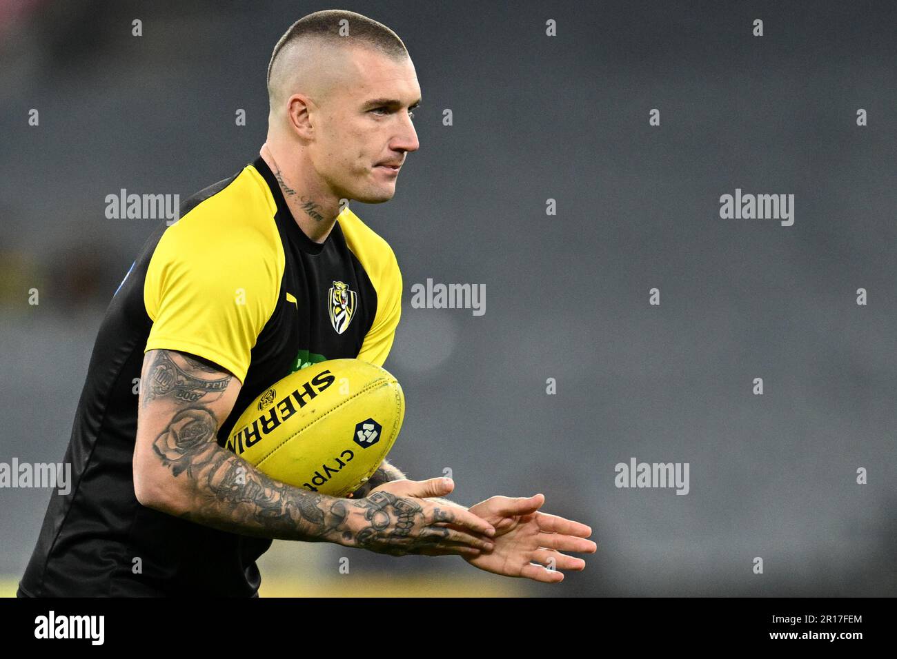 Dustin Martin of Richmond warms up during the AFL Round 9 match between ...