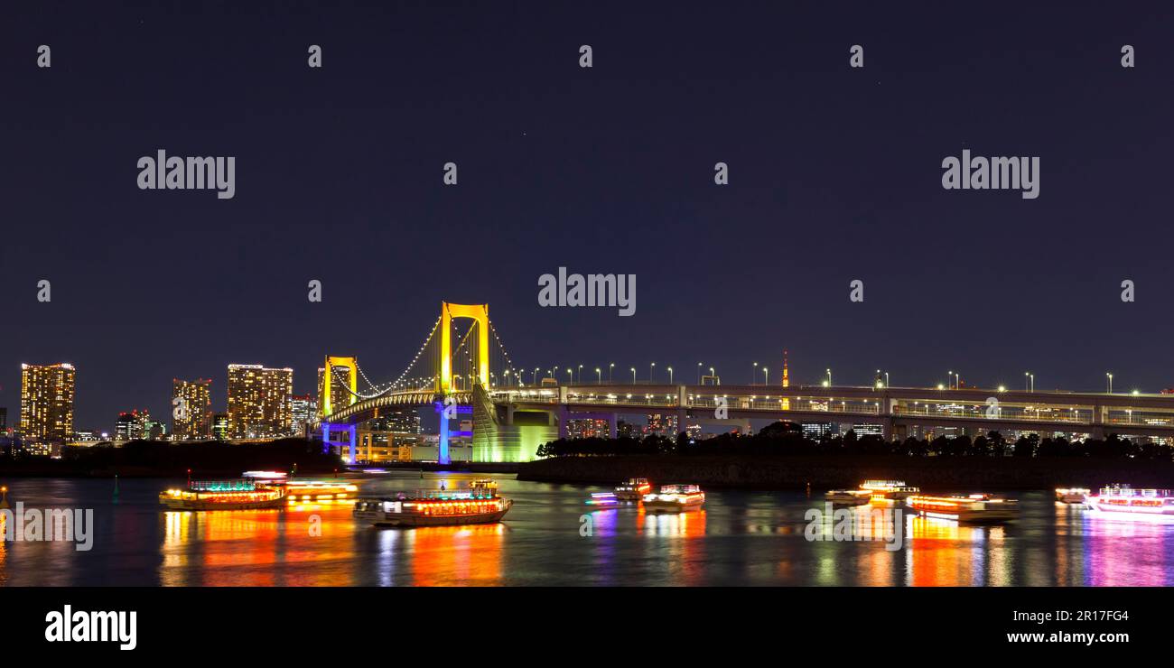 Christmas illumination of the Rainbow bridge and the colorful ...