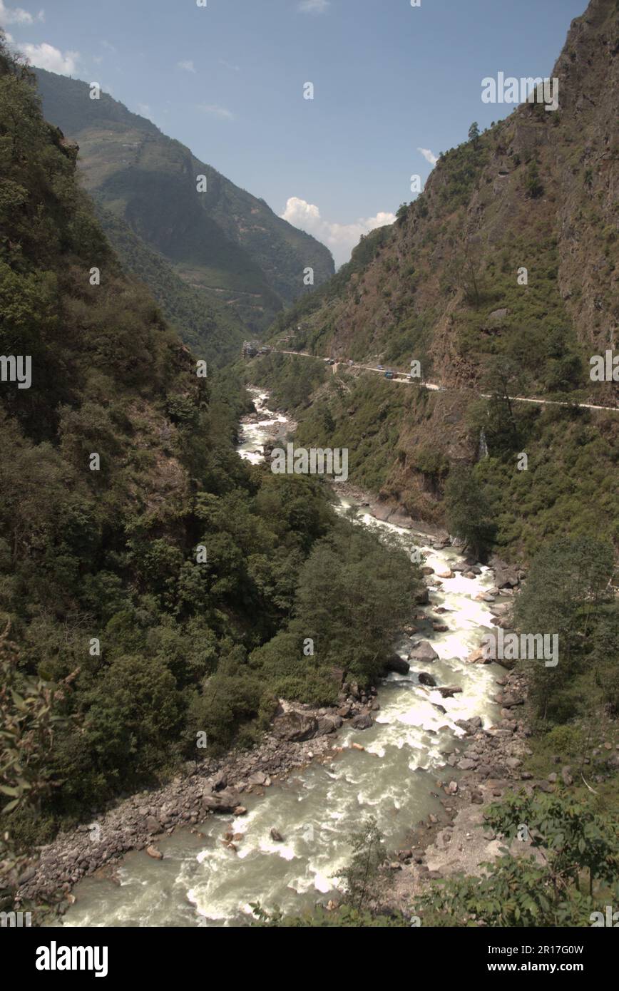 Nepal: the Friendship Highway follows the river along the Po Chu Valley ...