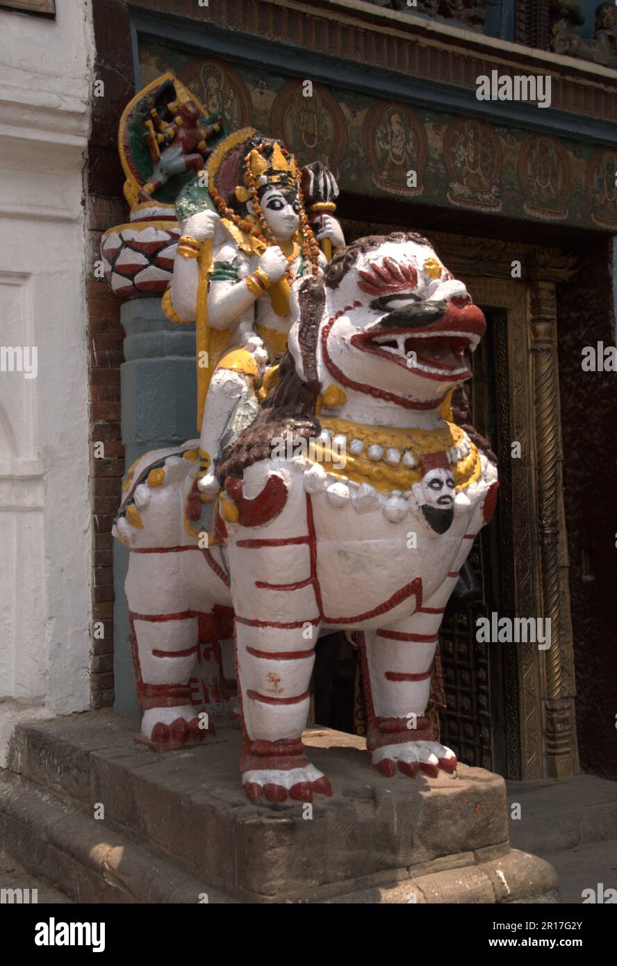 Nepal, Kathmandu: Parvati, mounted on a white lion, one of a pair ...