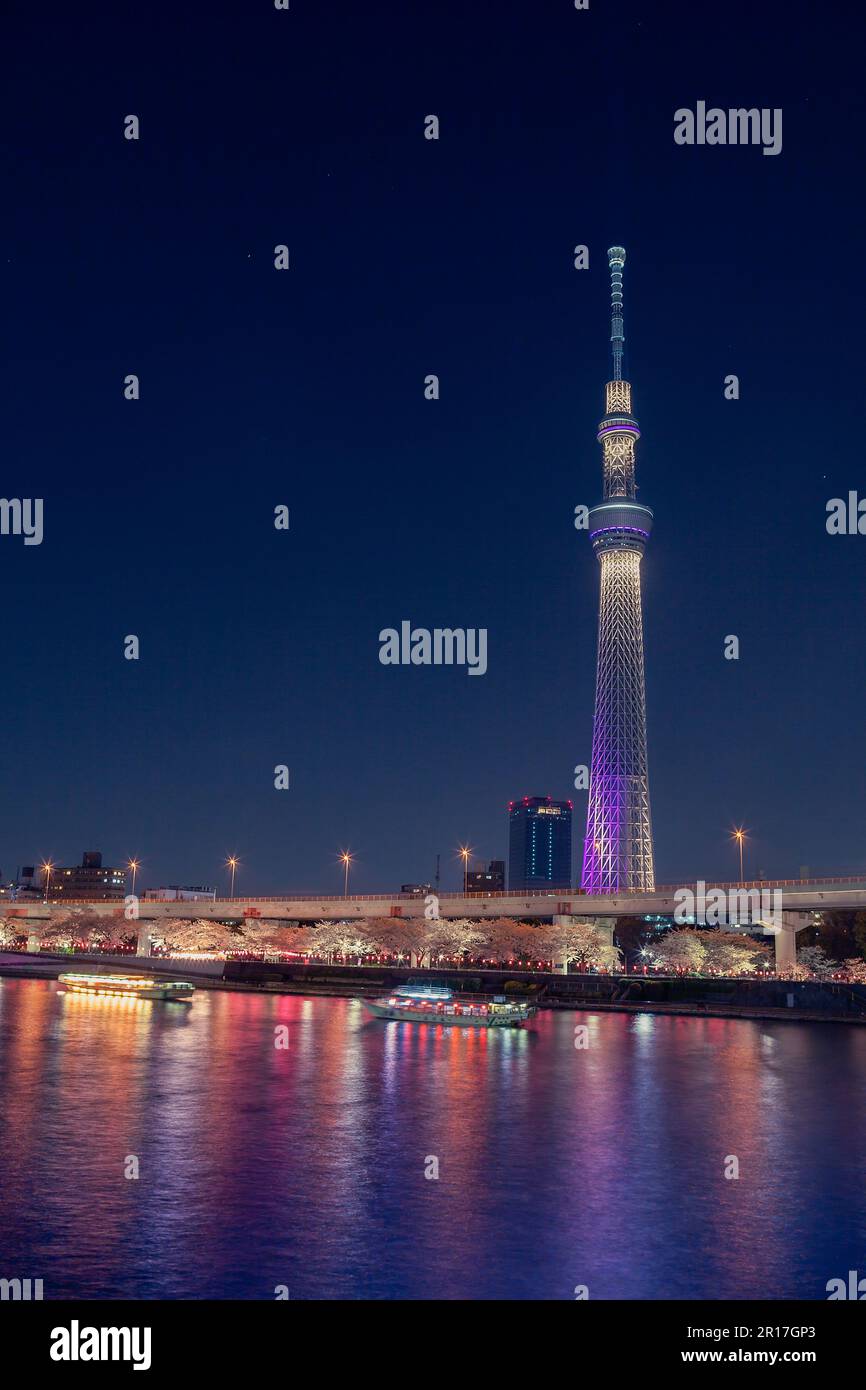 The night view of Tokyo Skytree lit up?and Sumida River Stock Photo - Alamy