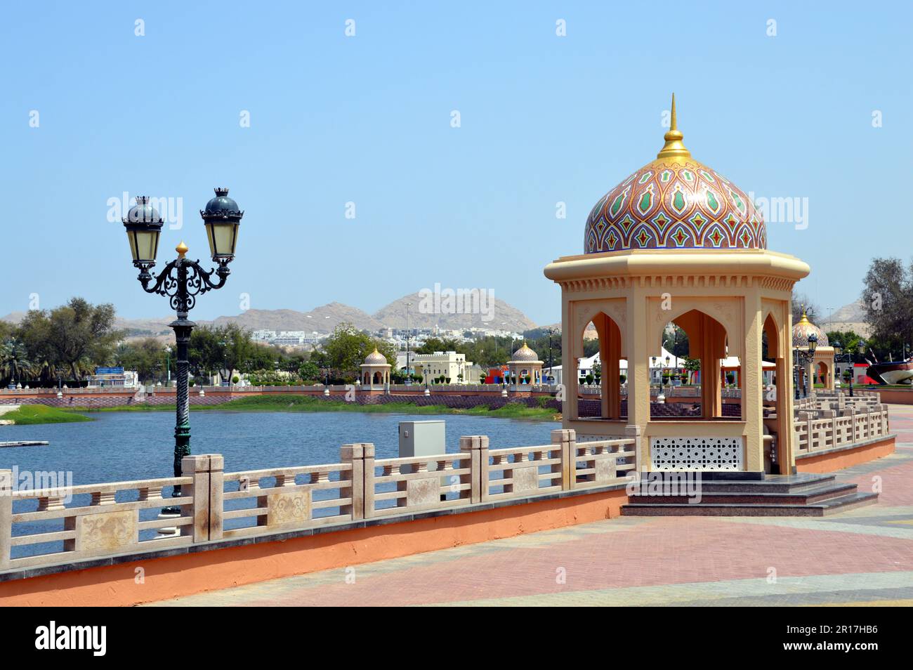 Oman, Muscat: the lake and colourful pavilion in the Al Qurm National ...