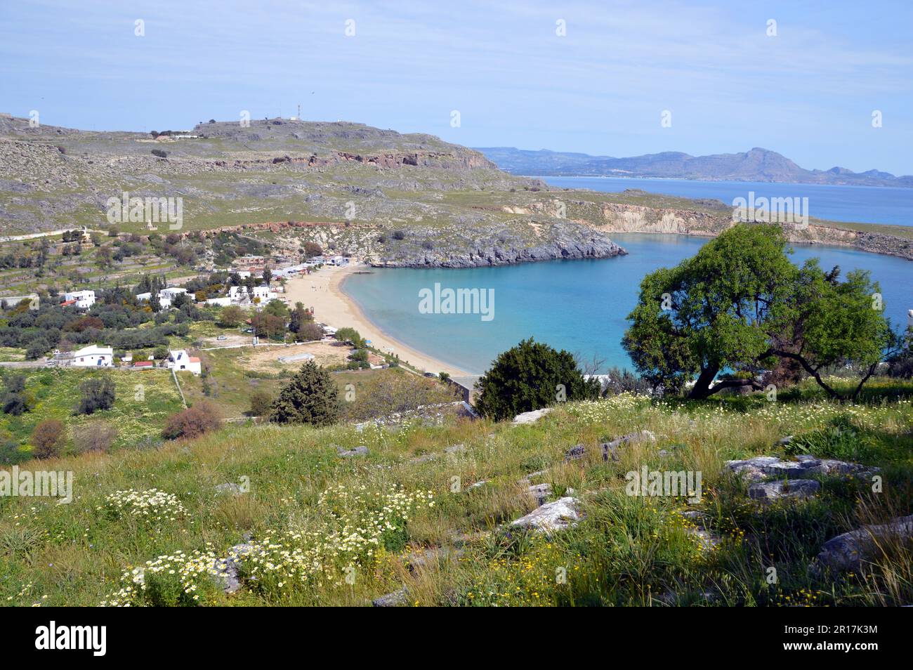 Greece, Island of Rhodes, Lindos: view of the Bay of Pallas, which has ...