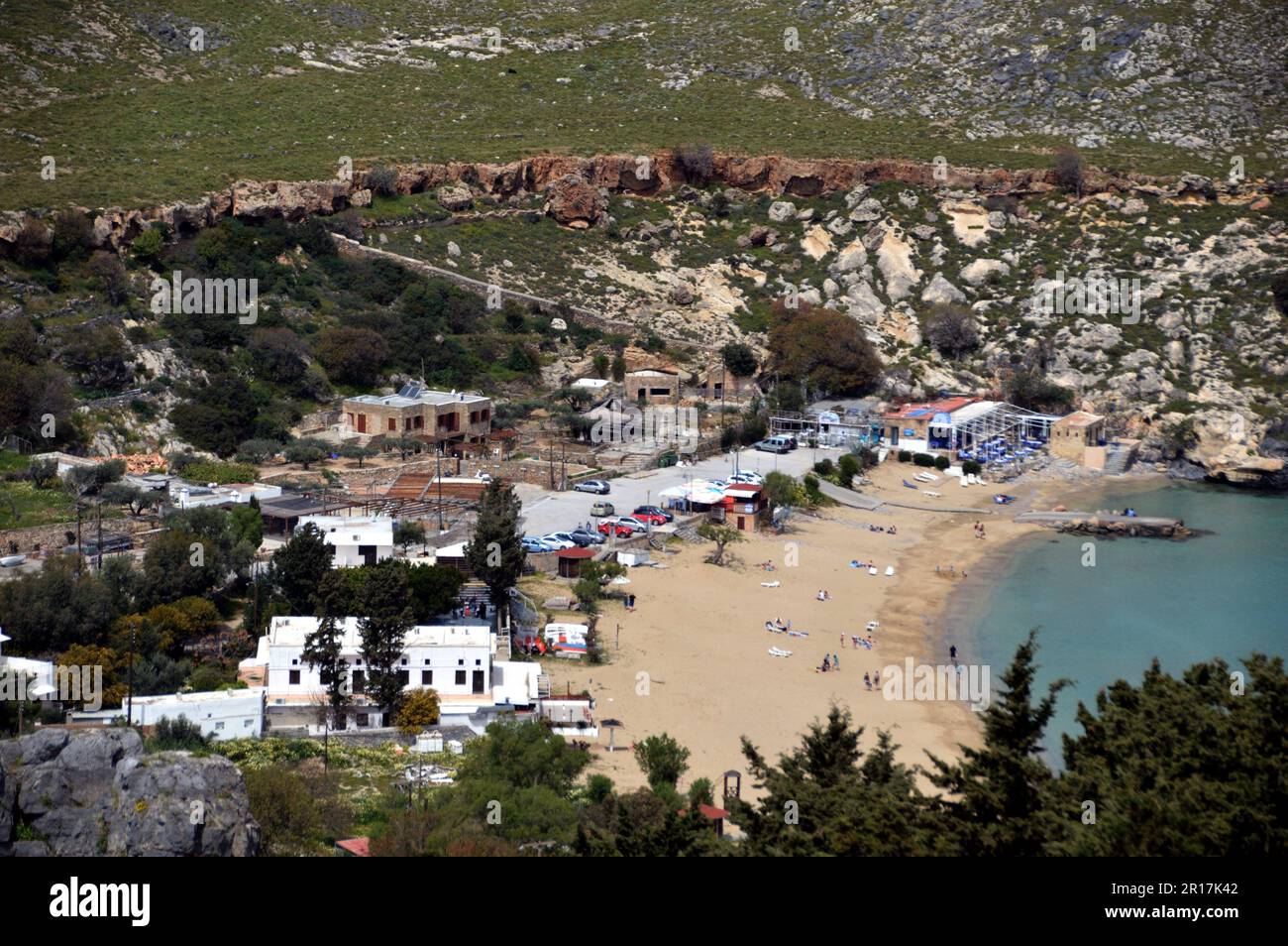Greece, Island of Rhodes, Lindos: view of the Bay of Pallas, which has ...