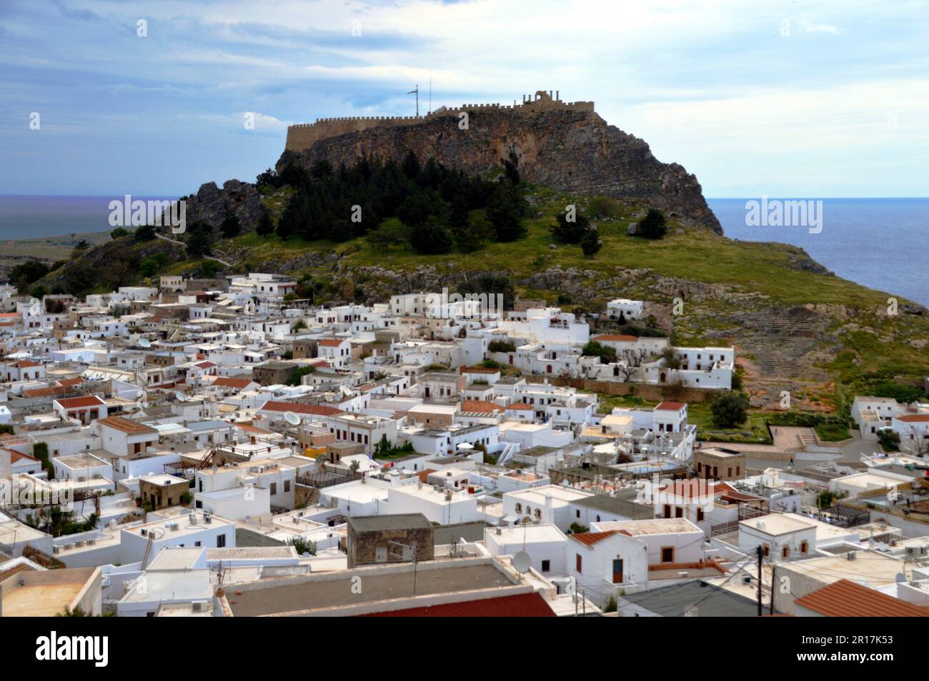 Greece, Island of Rhodes, Lindos: view of the town, overlooked by the ...