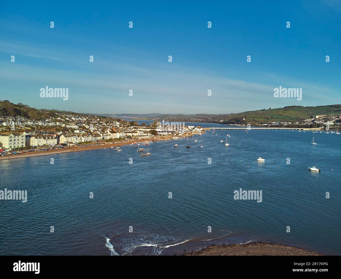 An aerial view of the mouth of the River Teign and Teignmouth harbour ...