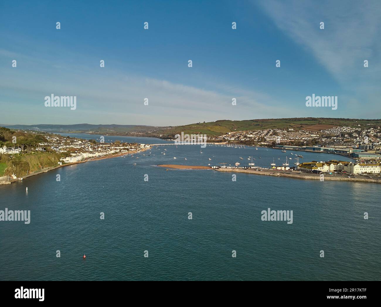An aerial view of the mouth of the River Teign and Teignmouth harbour ...
