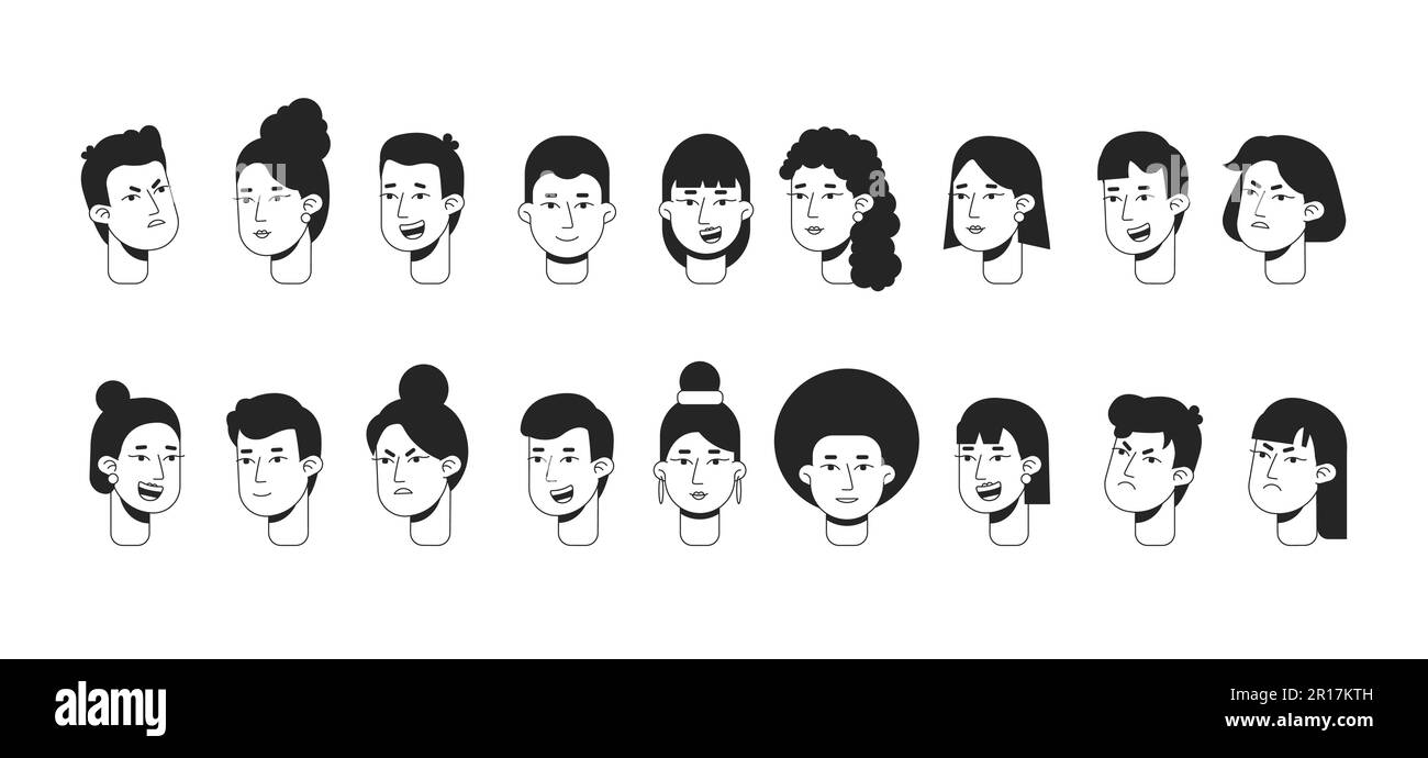 Side and front view emotional expressions monochrome flat linear ...