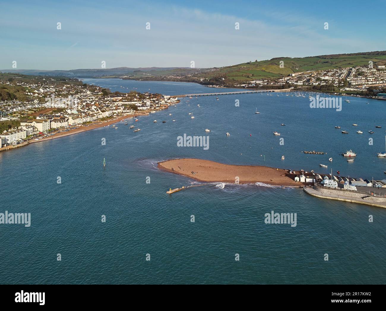 An aerial view of the mouth of the River Teign and Teignmouth harbour ...