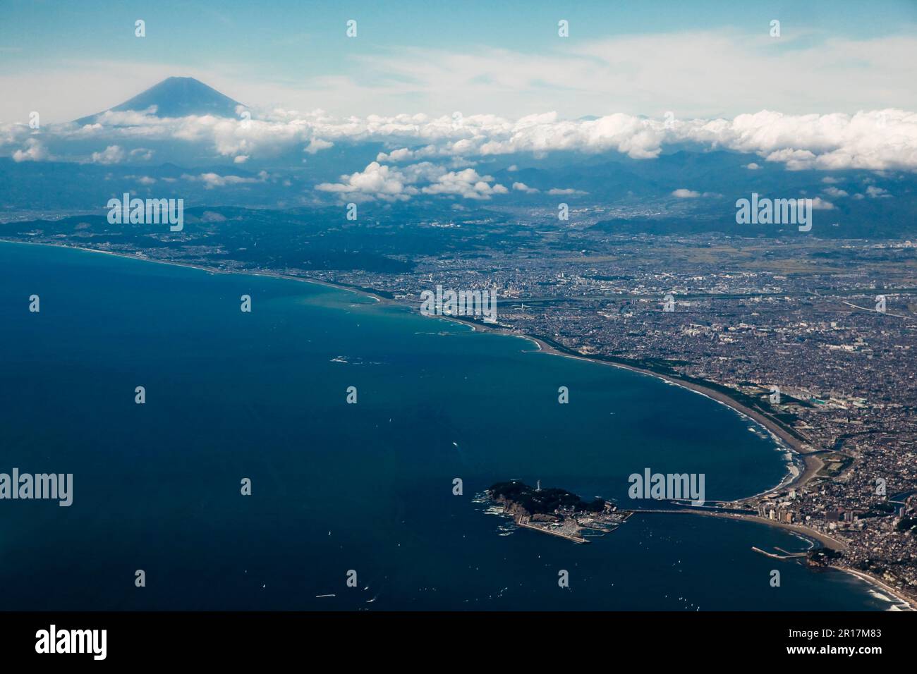 Aerial view of Enoshima and Shonan coast with Mount Fuji in the ...