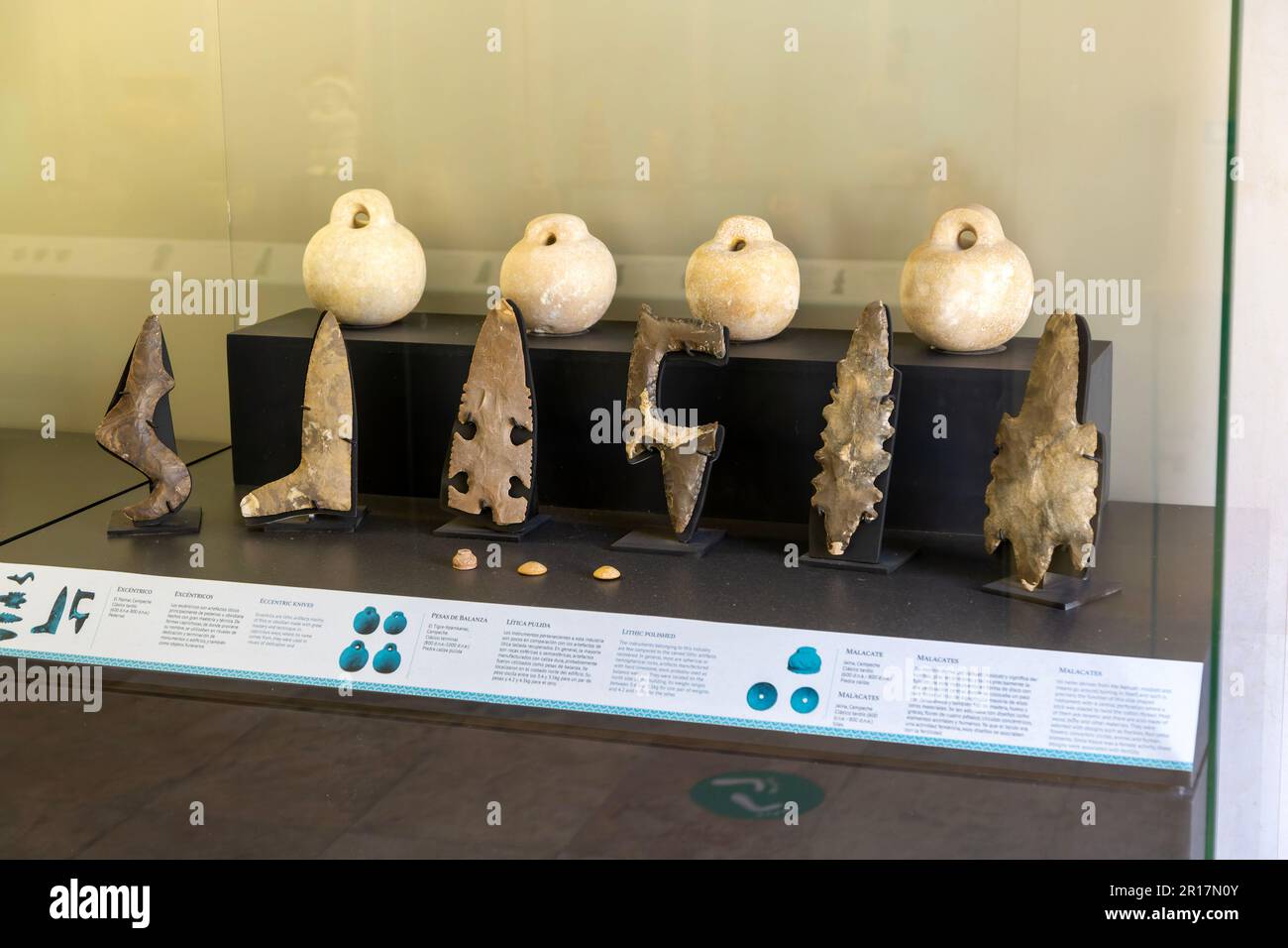 Carved flint cermonial knives blades, Mayan archaeological museum, Fort ...