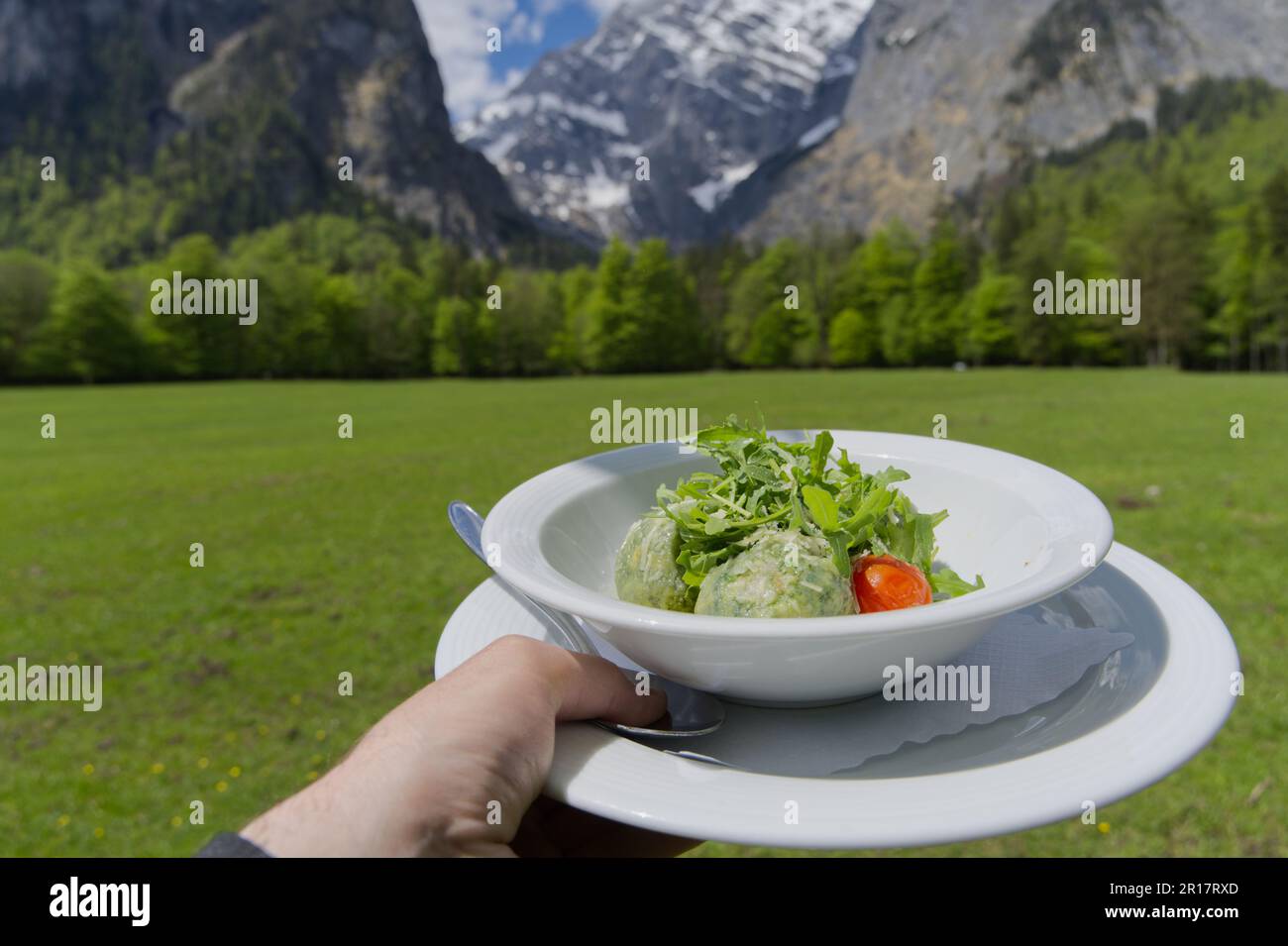 Spinach dumplings on a plate outdoors in nature in the Alps Stock Photo ...