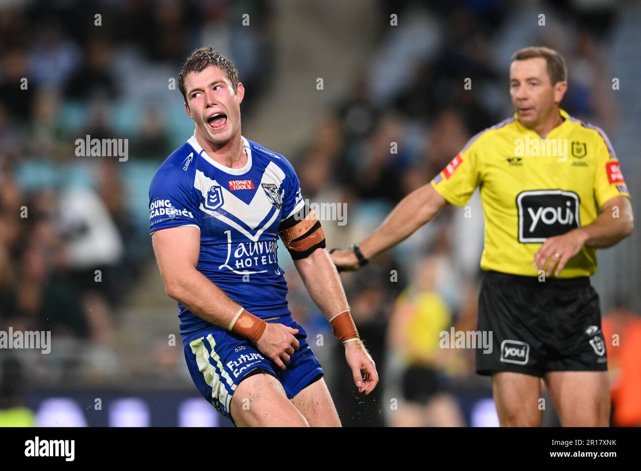 Harrison Edward of the Canterbury Bulldogs celebrates a try during the ...