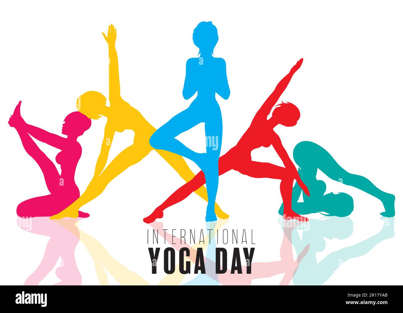 International yoga day with colourful silhouettes of females in various ...