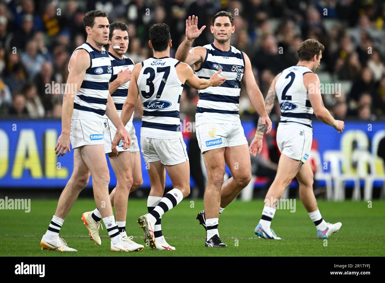Tom Hawkins of Geelong (right) celebrates scoring a goal during the AFL ...