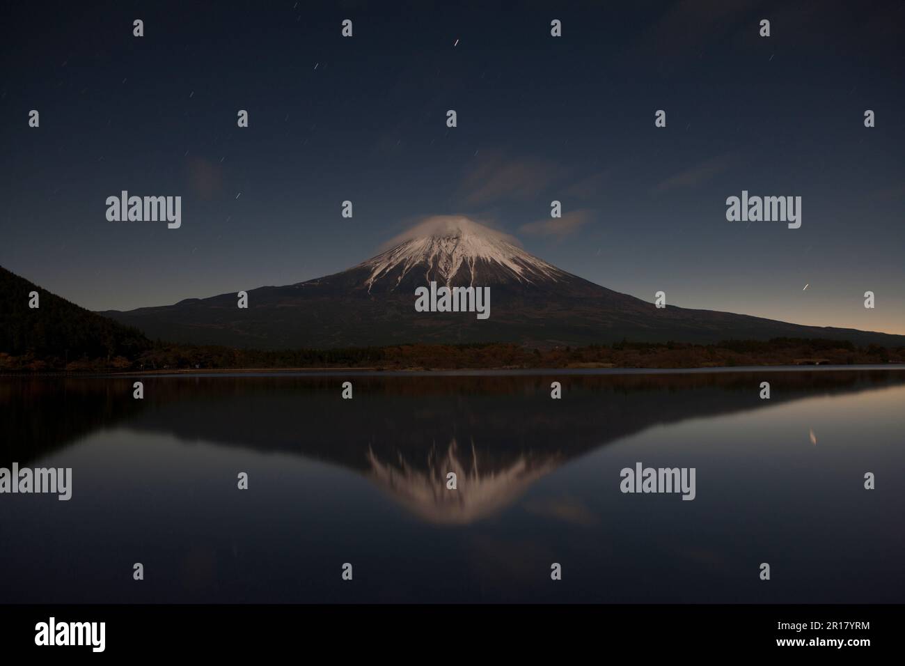 Mount Fuji from Lake Tanuki lit by the full moon Stock Photo - Alamy