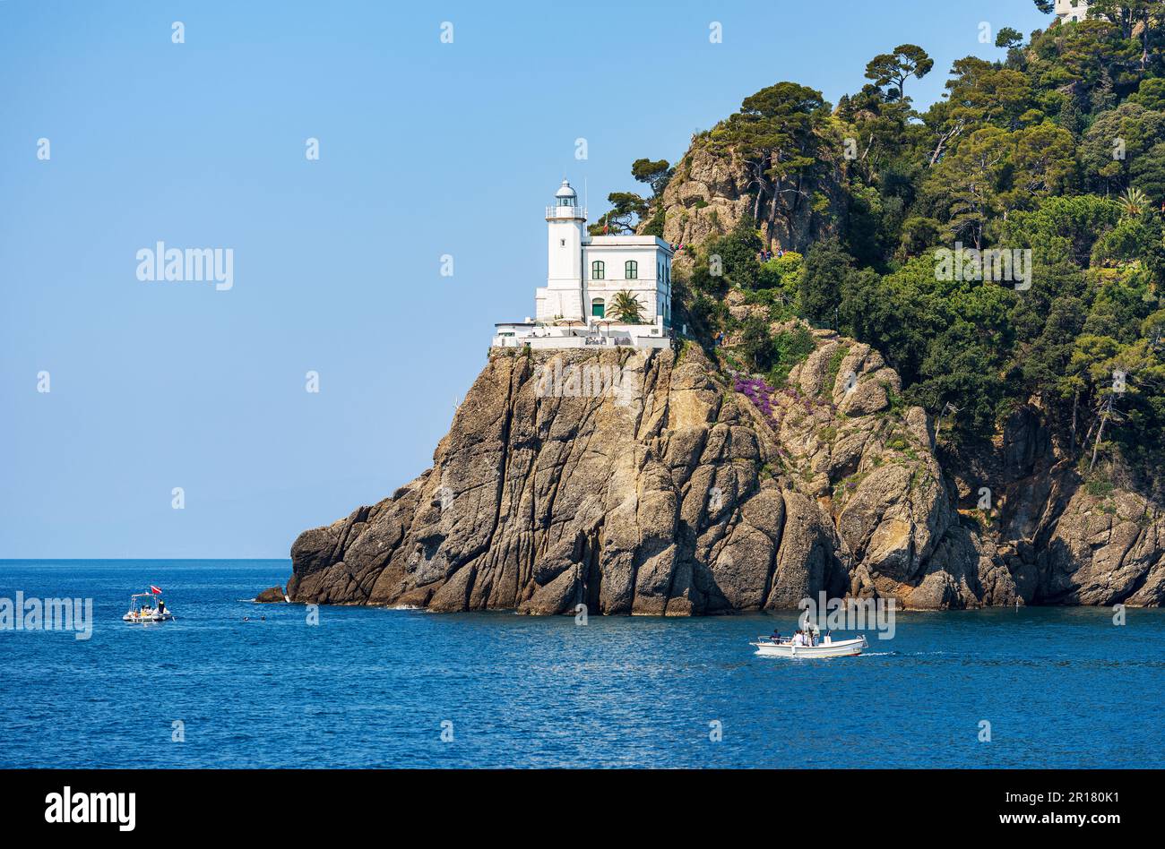 Portofino headland with the white lighthouse, Genoa province (Genova ...
