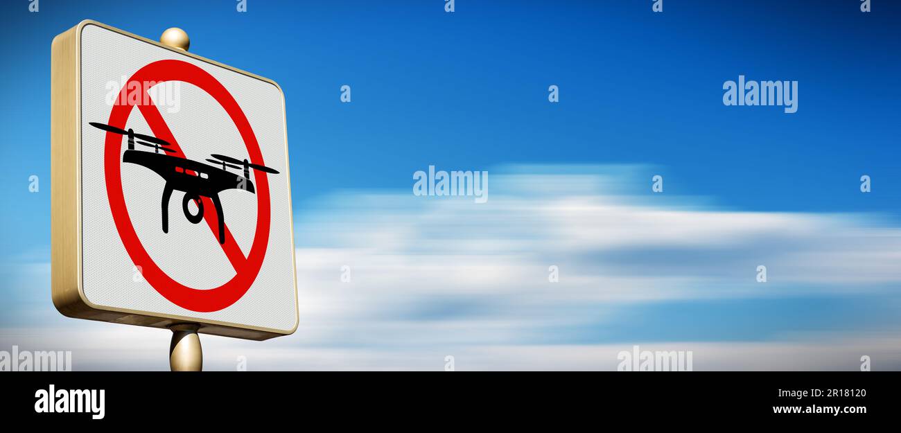 Close-up of a modern drones prohibited sign (road sign of no fly drones ...