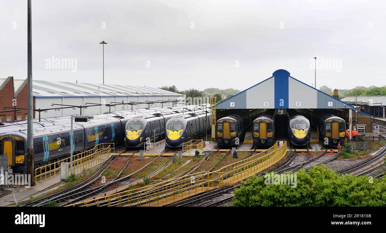 Southeastern trains in sidings at Ramsgate railway station in Kent, as ...