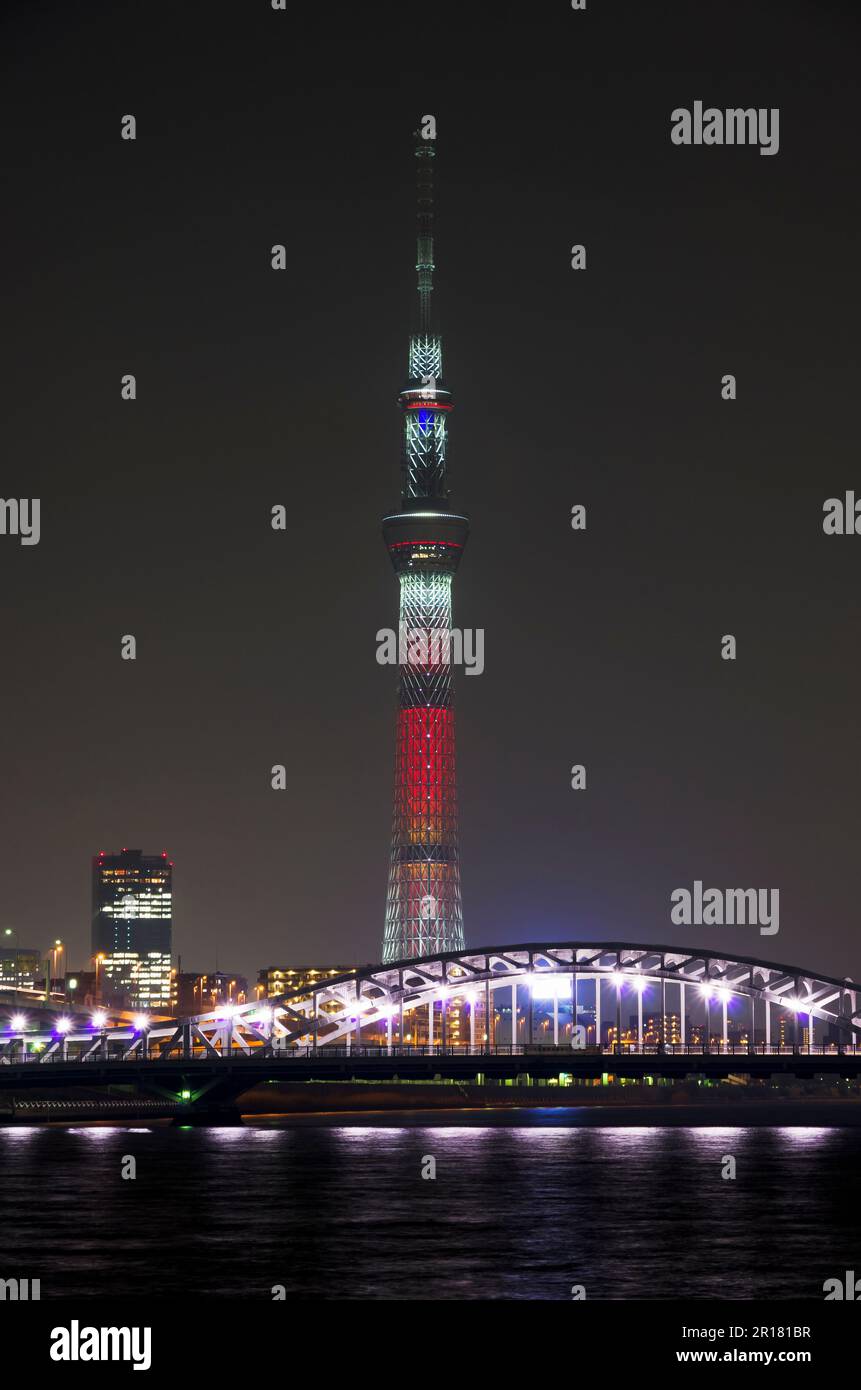 Illumination of Tokyo Sky Tree (Candle tree) and Shirahige bridge Stock ...