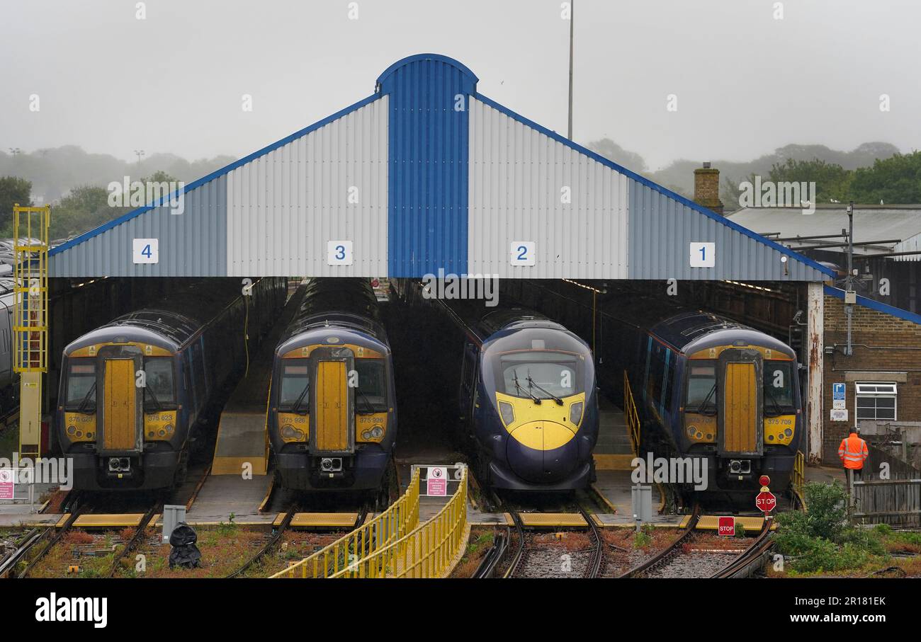 Southeastern trains in sidings at Ramsgate railway station in Kent, as ...