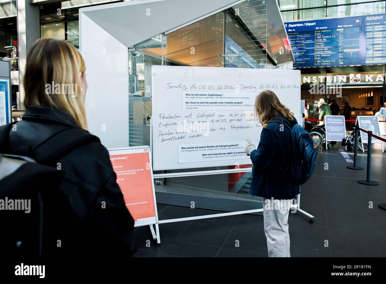 Berlin, Germany. 12th May, 2023. A woman looks at an information board ...