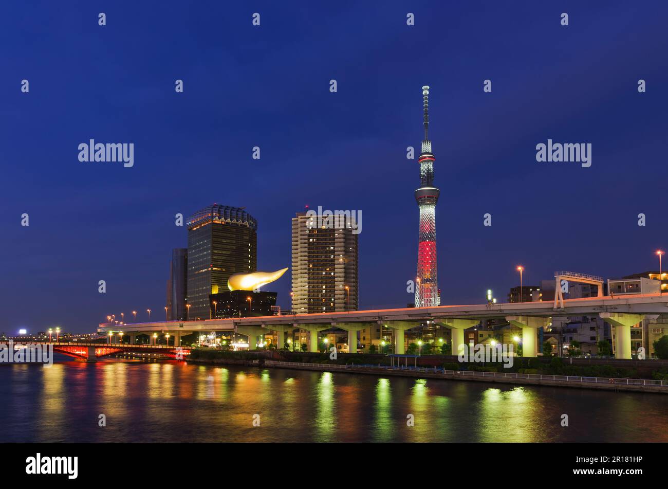 View of Tokyo Sky Tree from Komagata bridge (candle tree) and twilight ...