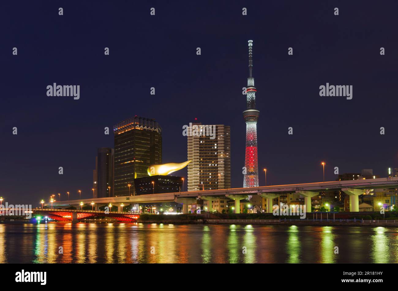 View of Tokyo Sky Tree from Komagata bridge (candle tree) and twilight ...