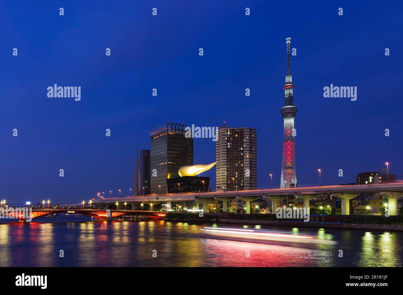 View of Tokyo Sky Tree from Komagata bridge (candle tree) and twilight ...
