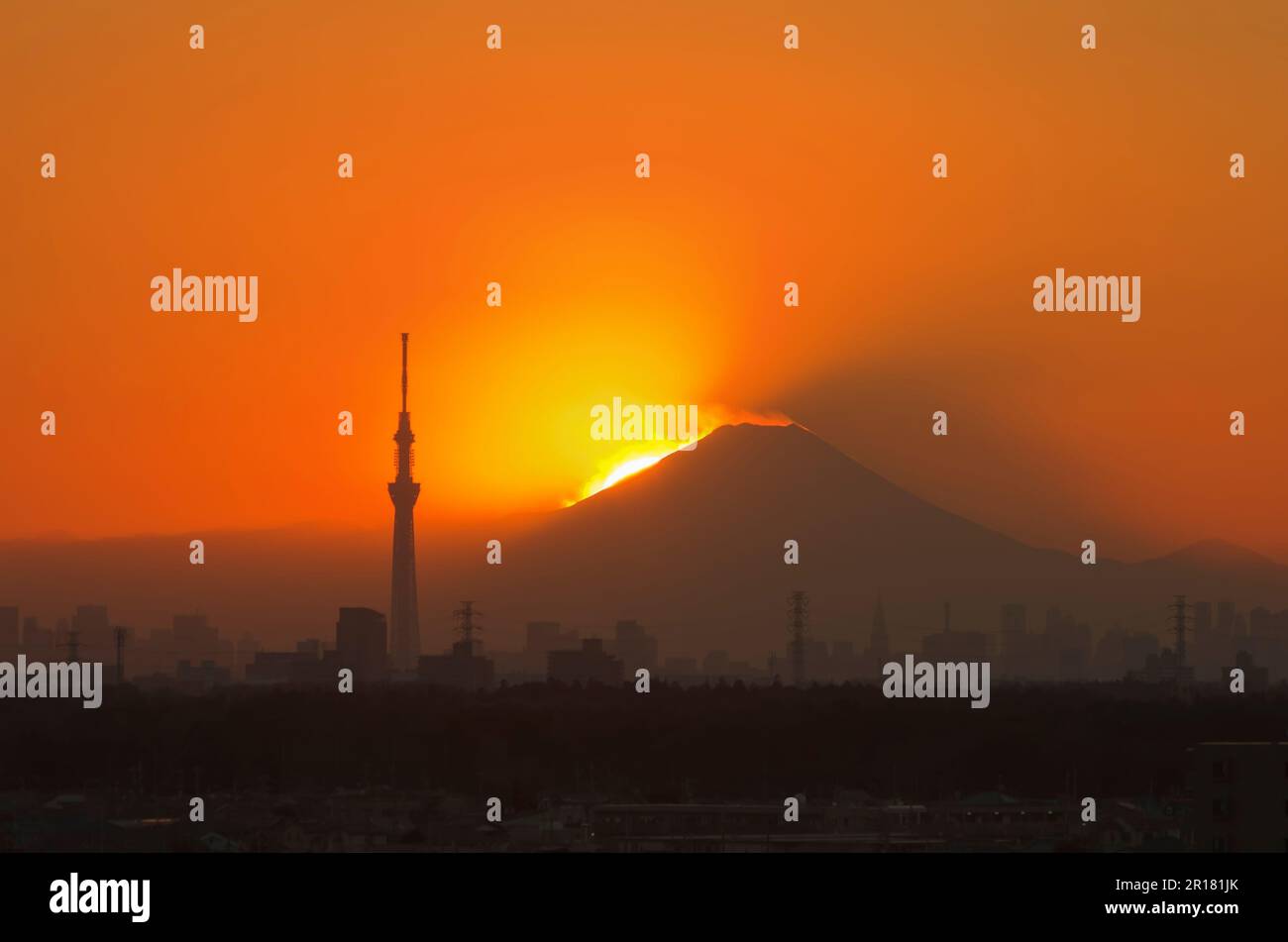 Tokyoskytree tower and the sunset shades of Mt. Fuji seen from ...