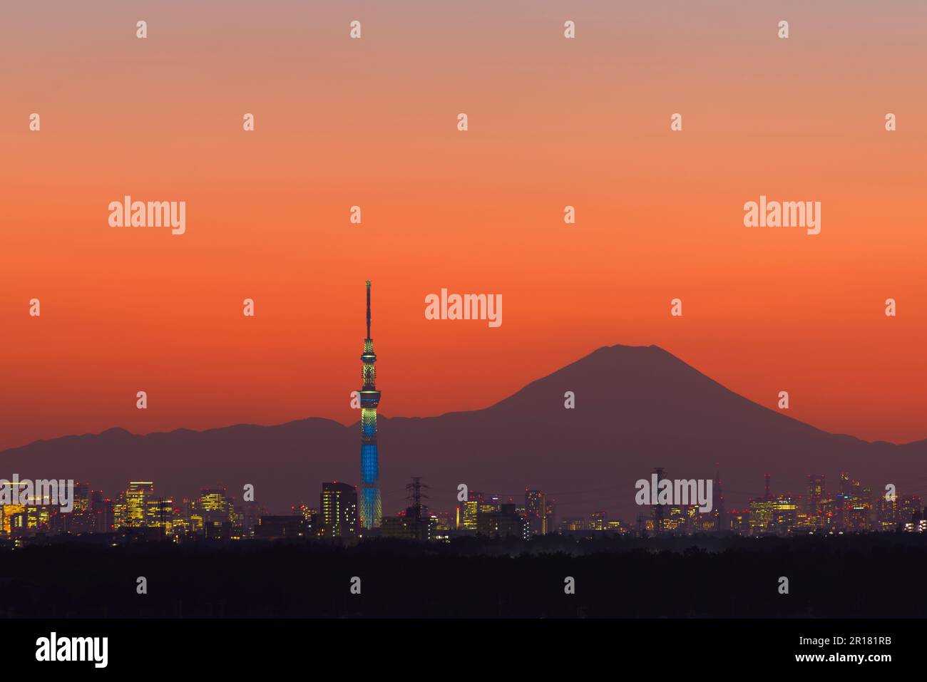 Illumination of Tokyoskytree tower and the shades of Mt. Fuji seen from ...