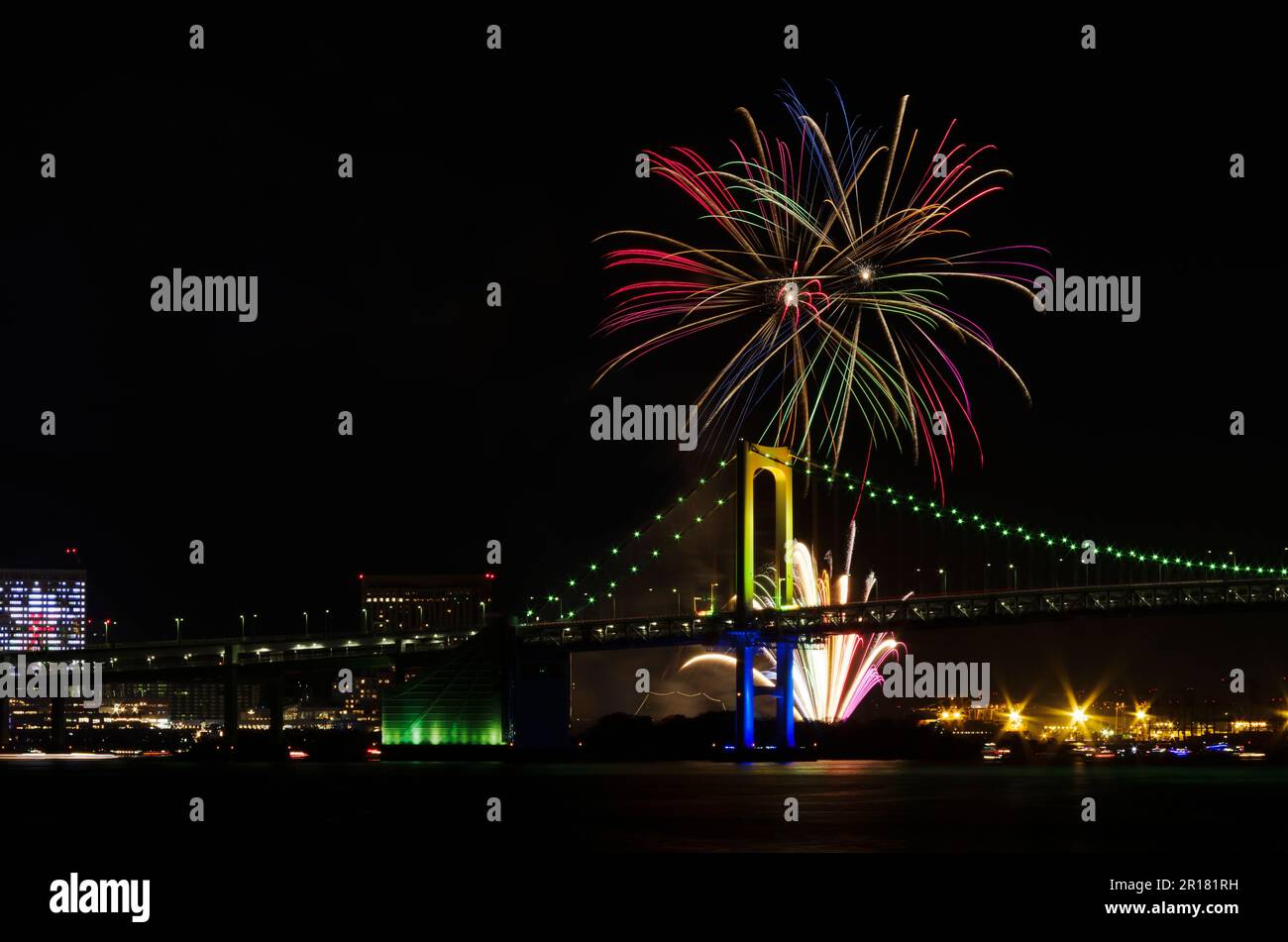 Rainbow Bridge and the Odaiba rainbow fireworks Stock Photo - Alamy
