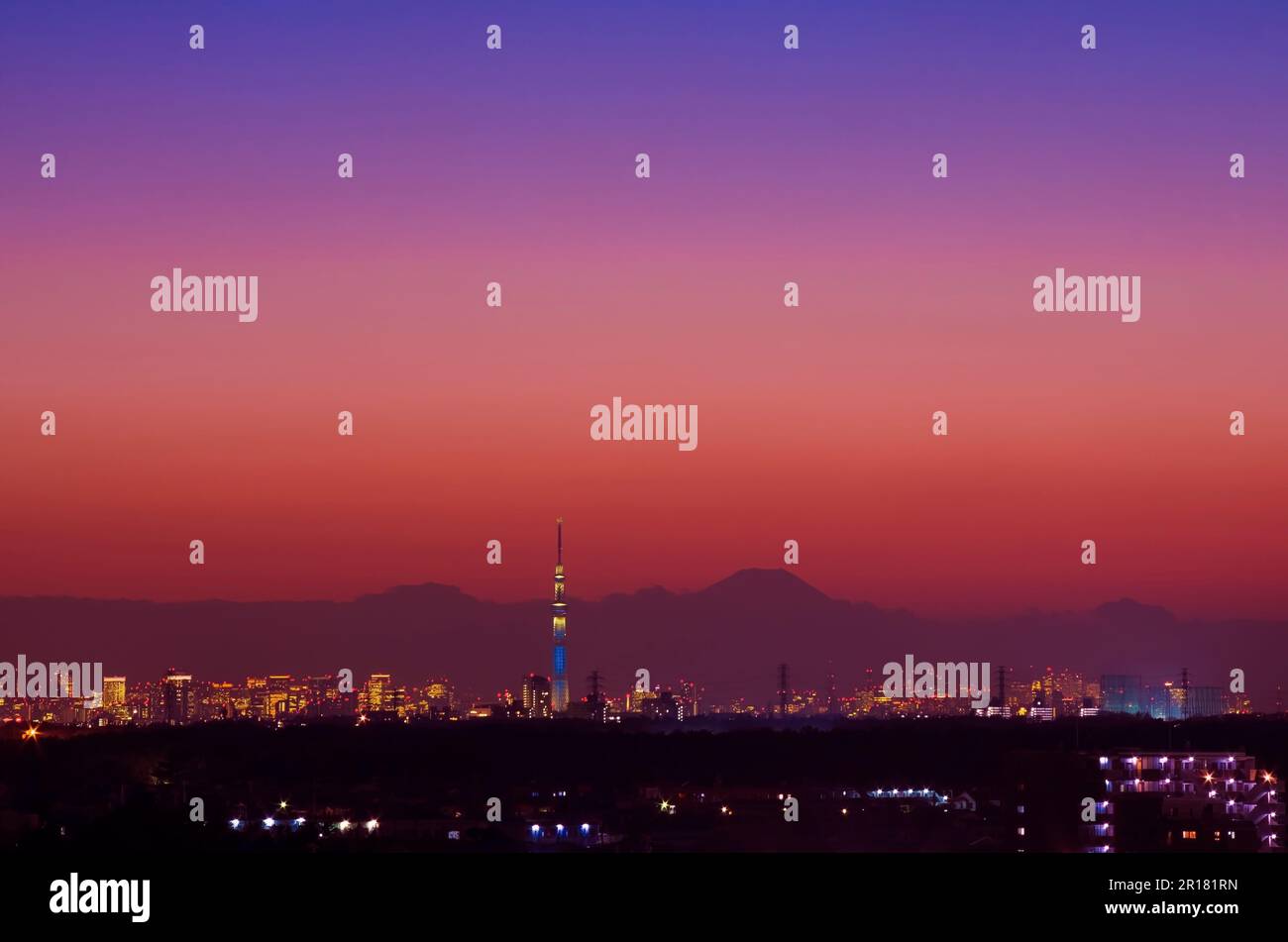 Illumination of Tokyoskytree tower and the shades of Mt. Fuji seen from ...