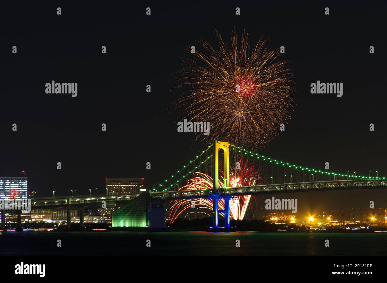 Rainbow Bridge and the Odaiba rainbow fireworks Stock Photo - Alamy