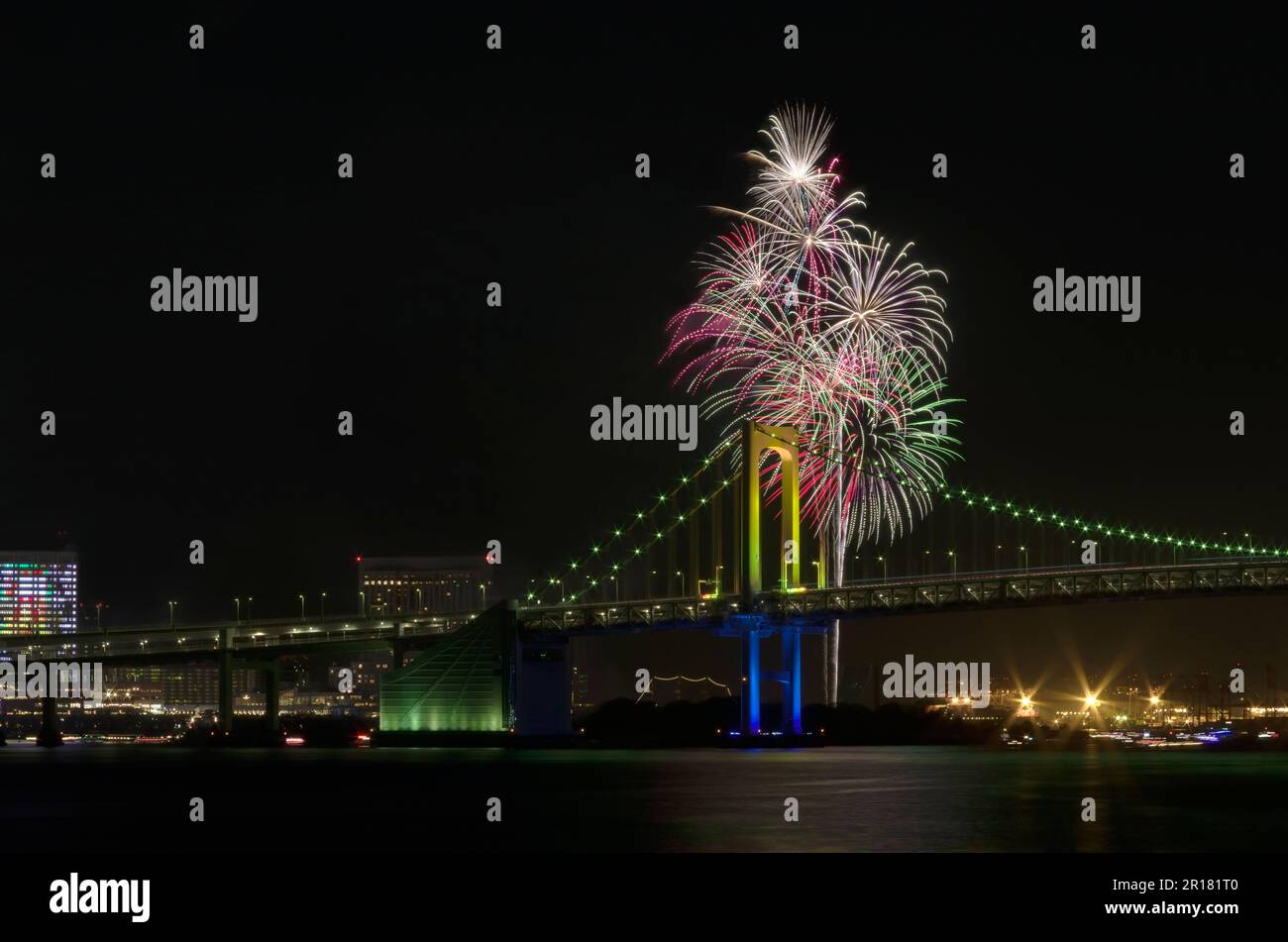 Rainbow Bridge and the Odaiba rainbow fireworks Stock Photo - Alamy