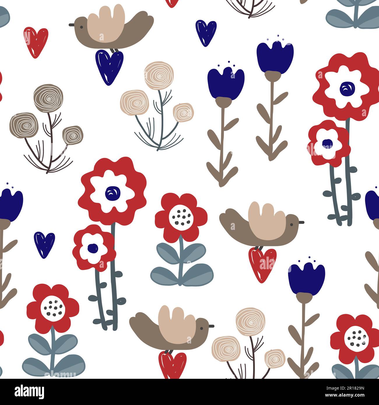 Fairy hand drawn flowers and birds with hearts seamless pattern ...