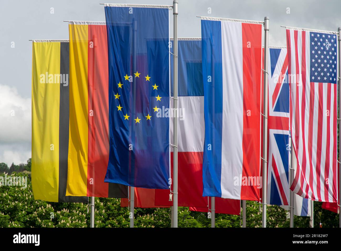 European Union flags in the wind with the EU flag in the foreground ...