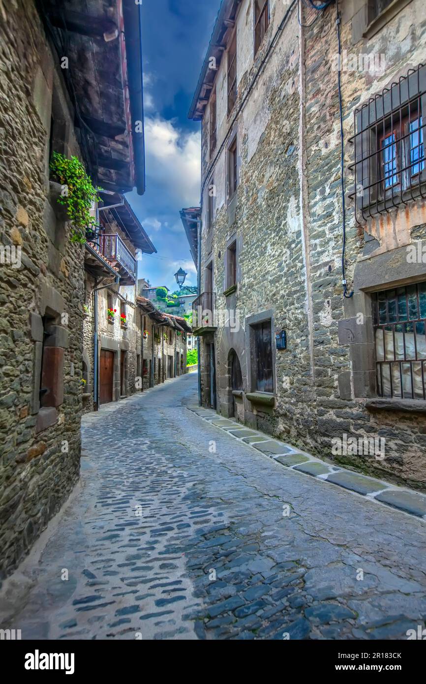 narrow street of old Catalan village in Pyrenees. Rupit, Spain Stock ...