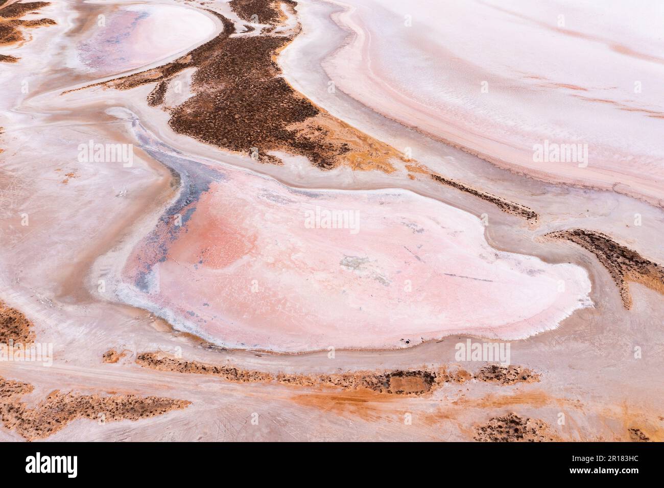 Aerial view of patterns and details of a pink salt lake at Sea Lake in ...